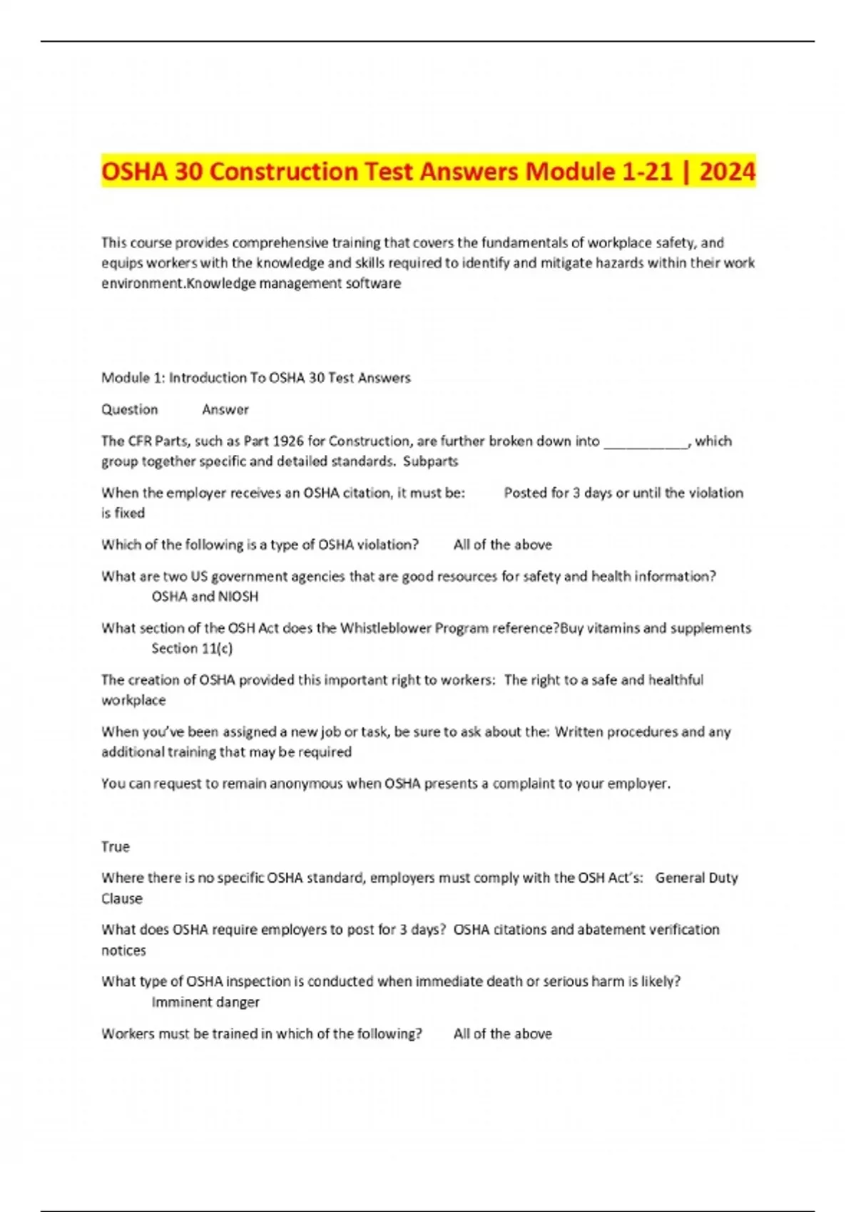 OSHA 30 Construction Test Answers Module 1-21 | 2024 - Top-Rated 2024/ ...