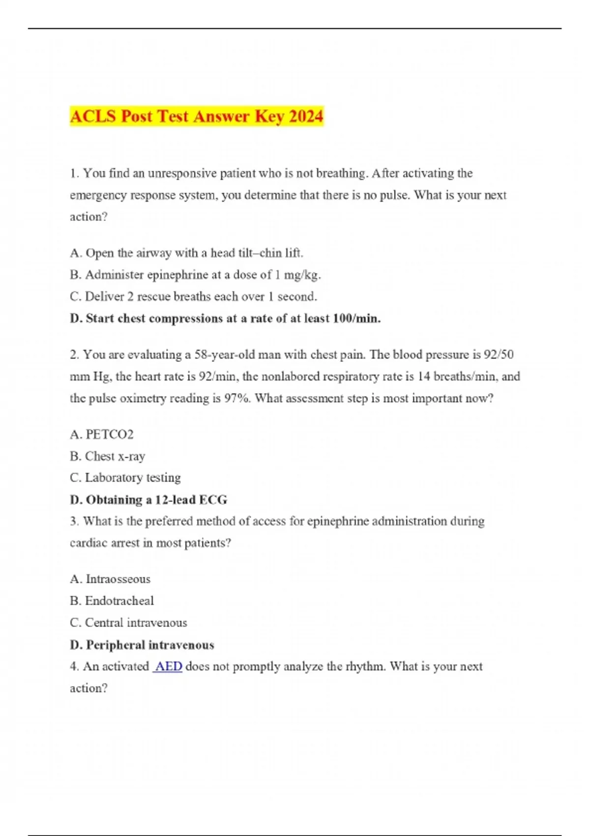 ACLS Post Test Answer Key 2024 Top Rated 2024 2025 Study Materials