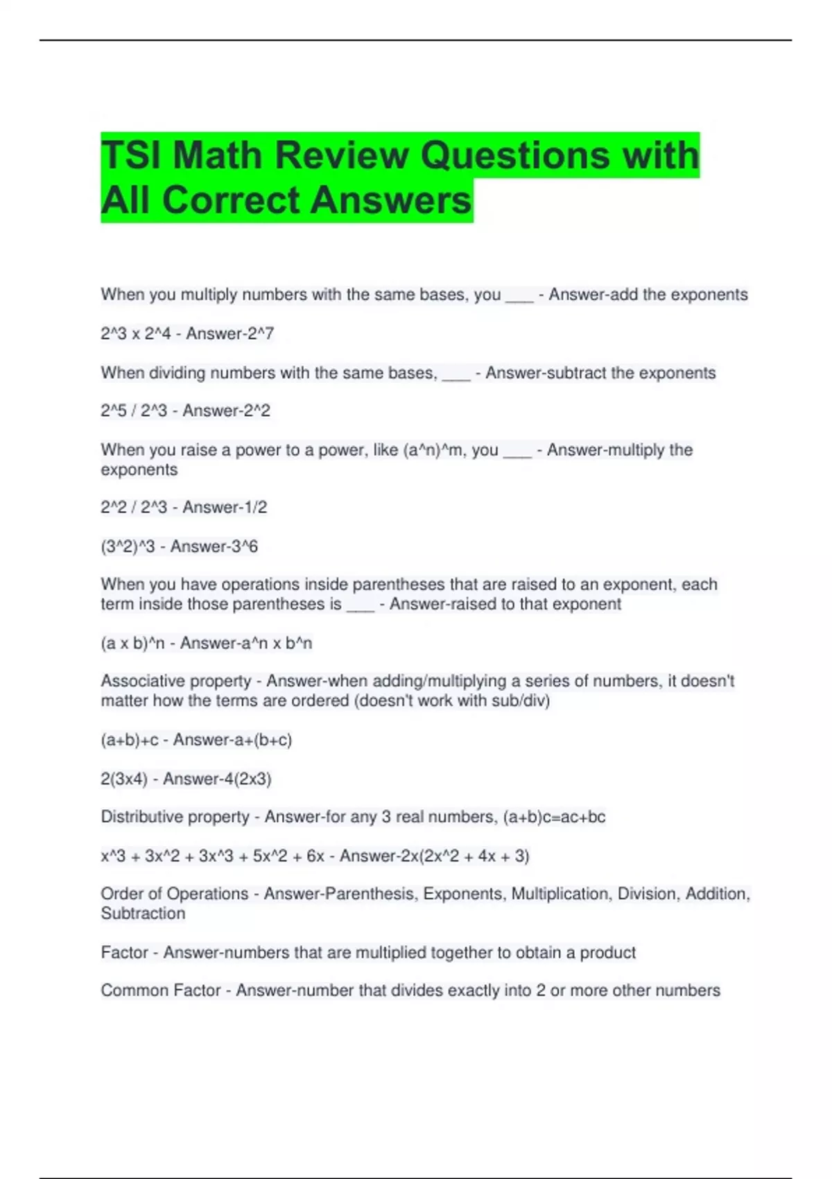 TSI Math Review Questions with All Correct Answers - TSI Math - Stuvia US