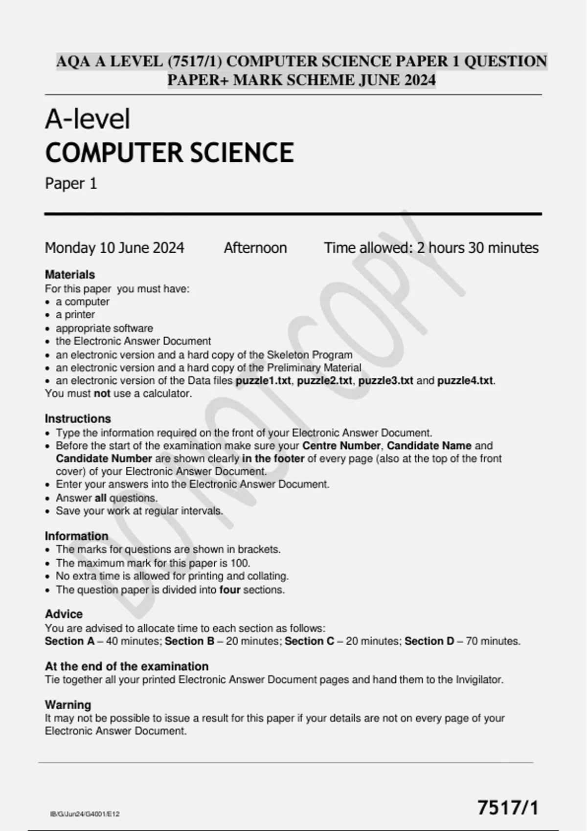 AQA A LEVEL (7517/1) COMPUTER SCIENCE PAPER 1 QUESTION PAPER+ MARK SCHEME JUNE 2024 - AQA A ...