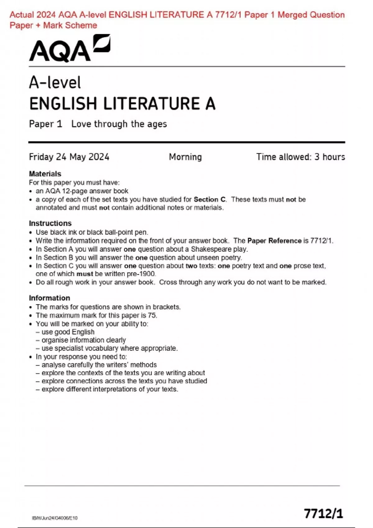 Actual 2024 AQA A-level ENGLISH LITERATURE A 7712/1 Paper 1 Merged ...