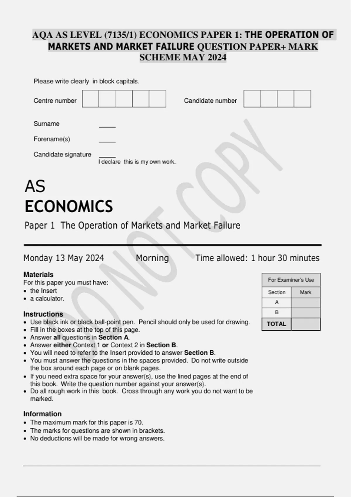 AQA AS LEVEL (7135/1) ECONOMICS PAPER 1: THE OPERATION OF MARKETS AND ...