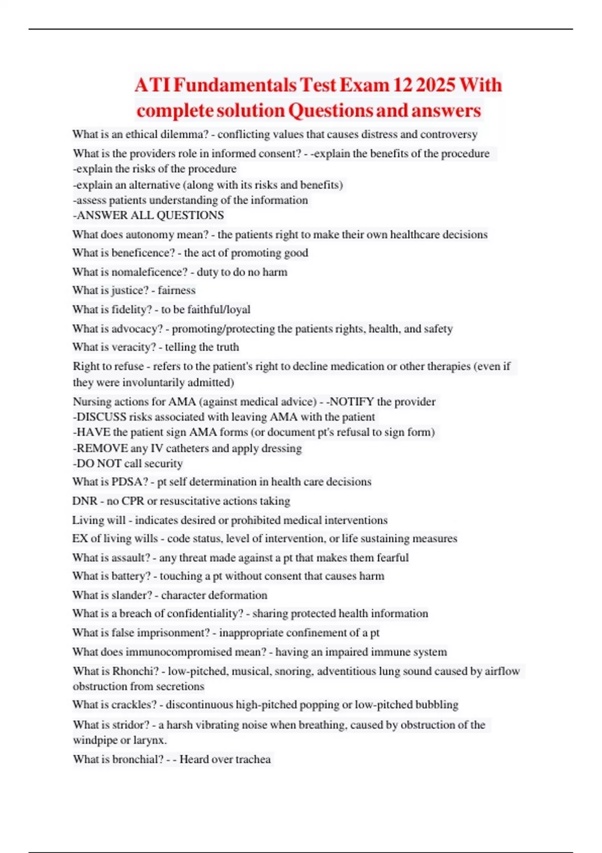 ATI Fundamentals Test Exam 12 2025 With complete solution Questions and ...