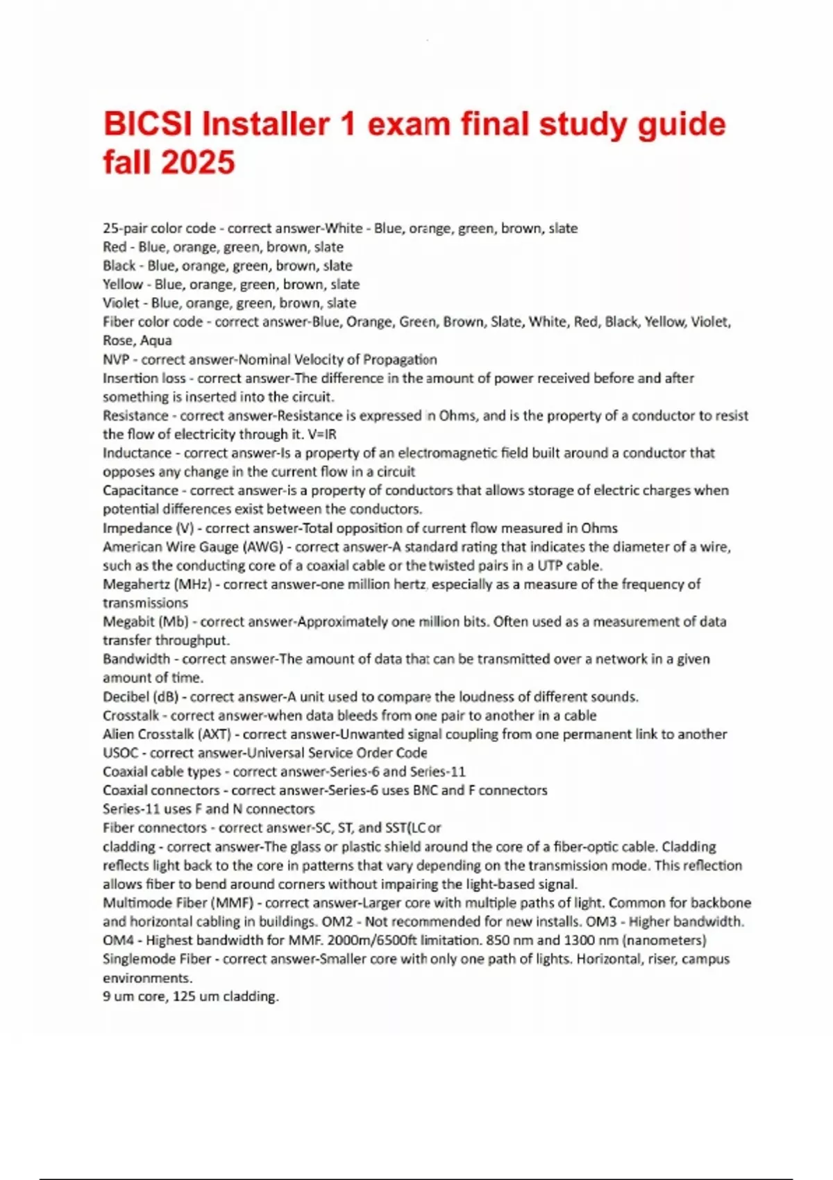 BICSI Installer 1 exam final study guide fall 2025 - Bicsi Installer 1 ...