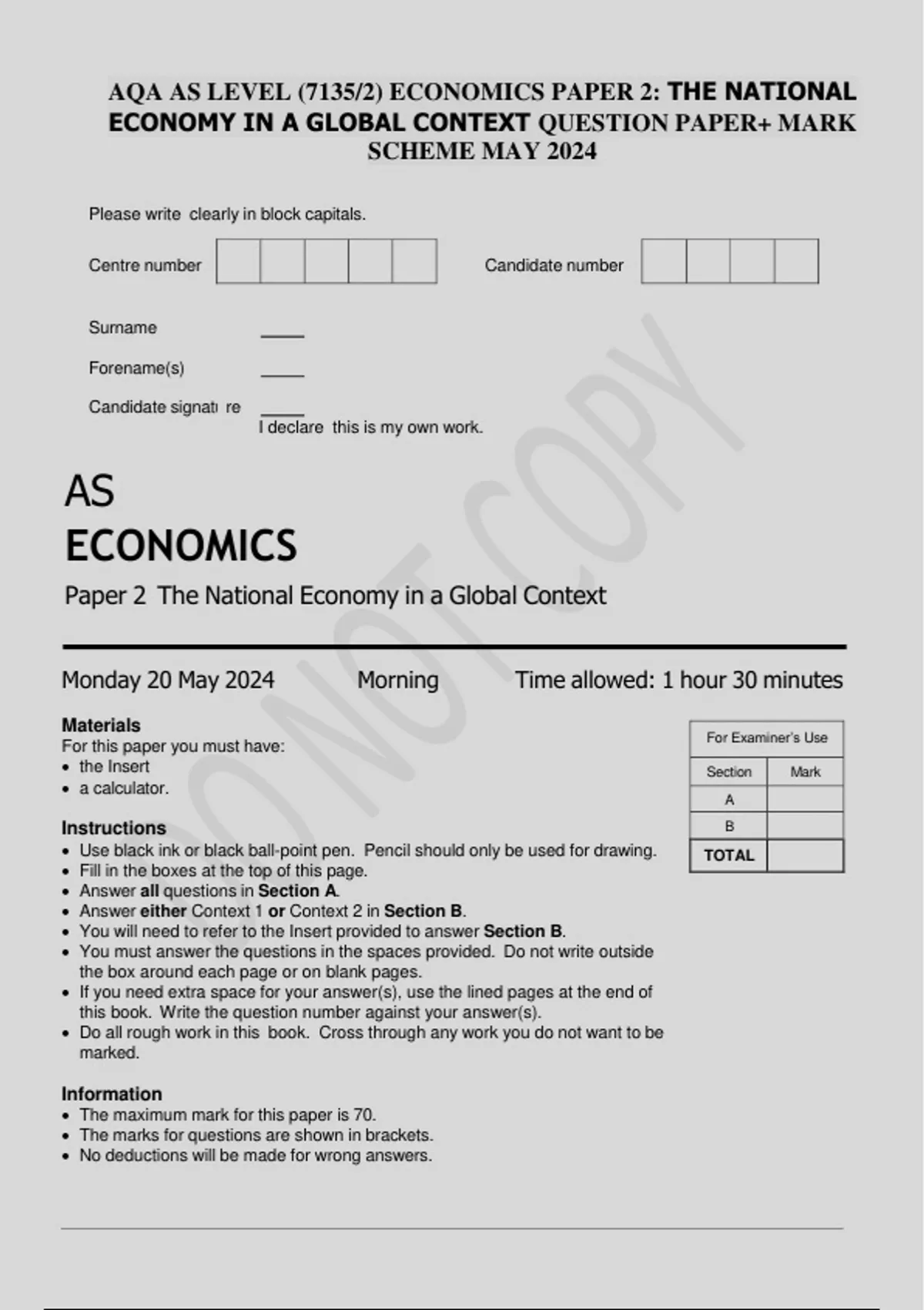 AQA AS LEVEL (7135/2) ECONOMICS PAPER 2: THE NATIONAL ECONOMY IN A ...