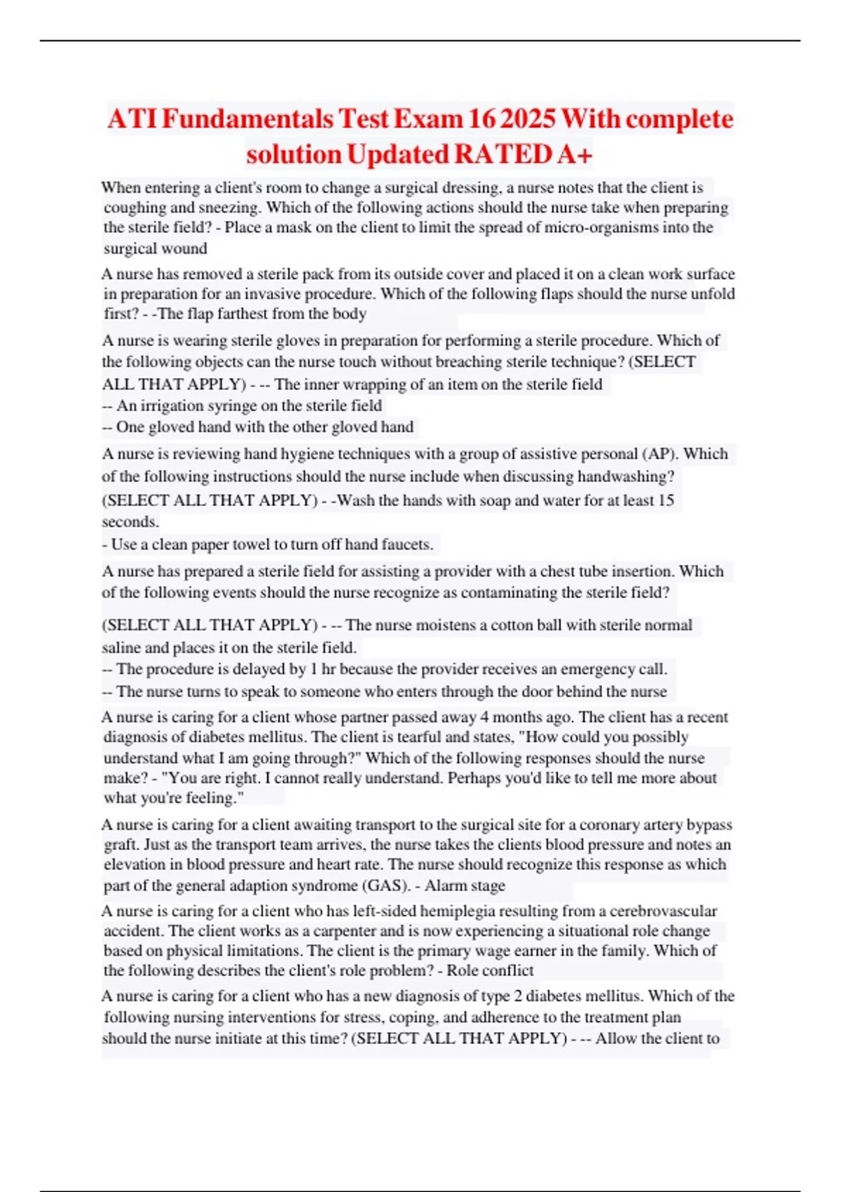 ATI Fundamentals Test Exam 16 2025 With complete solution Updated RATED ...