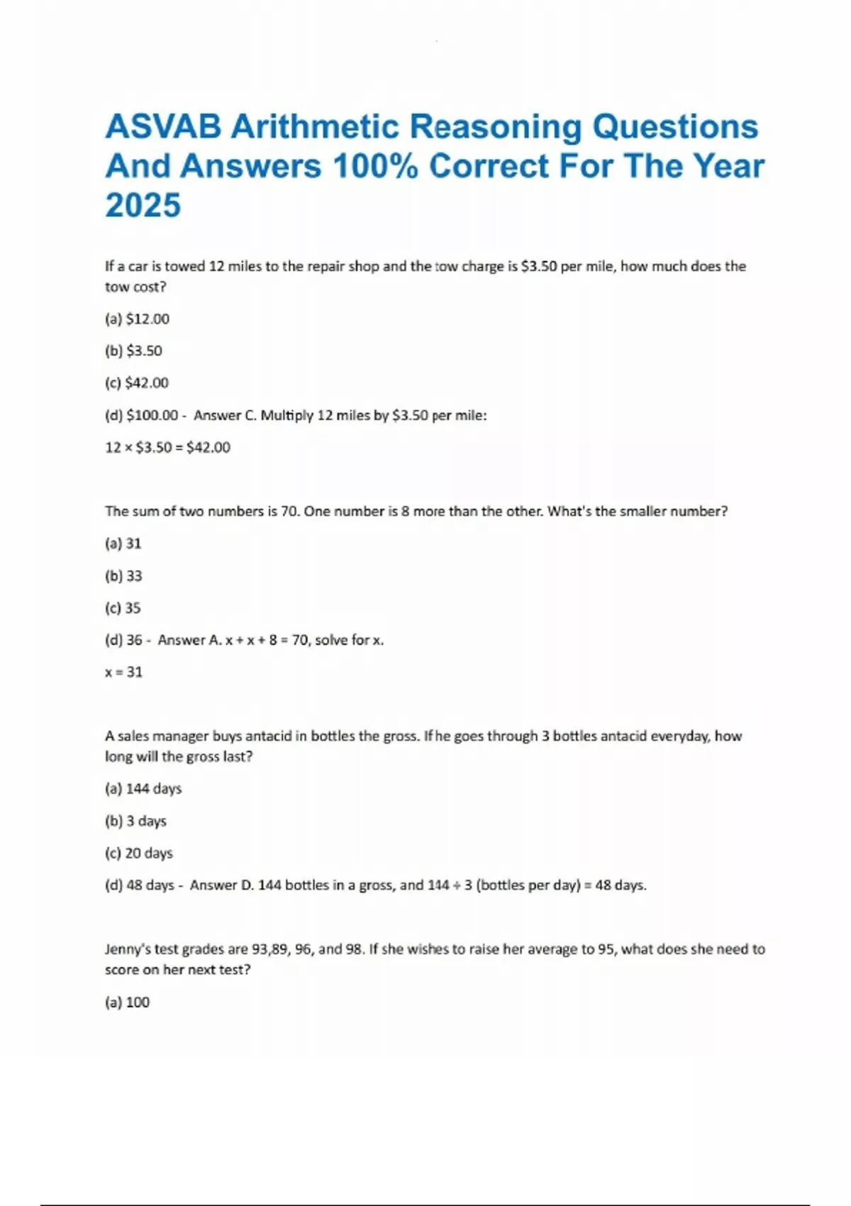 ASVAB Arithmetic Reasoning Questions And Answers 100% Correct For The ...