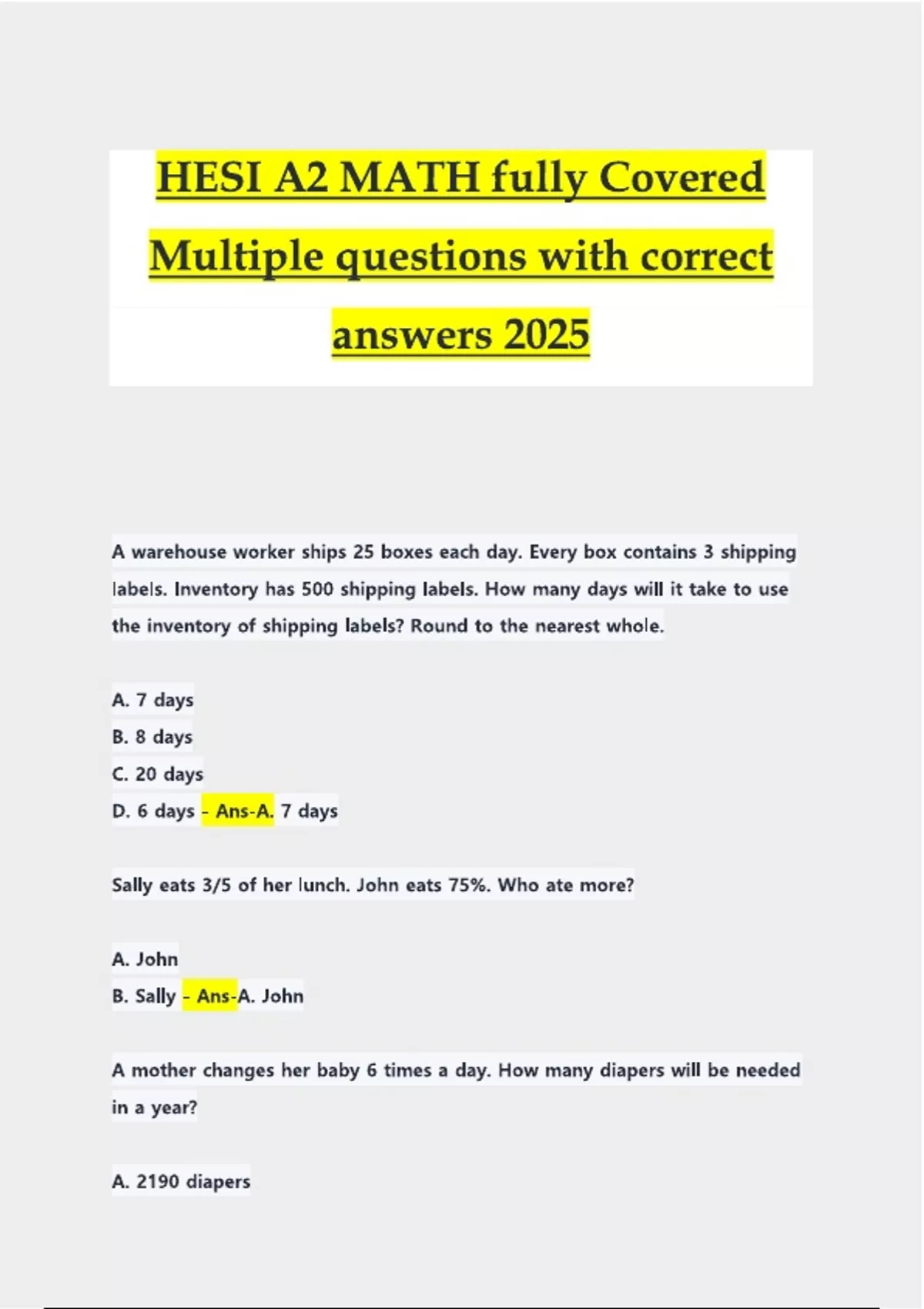 HESI A2 MATH fully Covered Multiple questions with correct answers 2025 ...