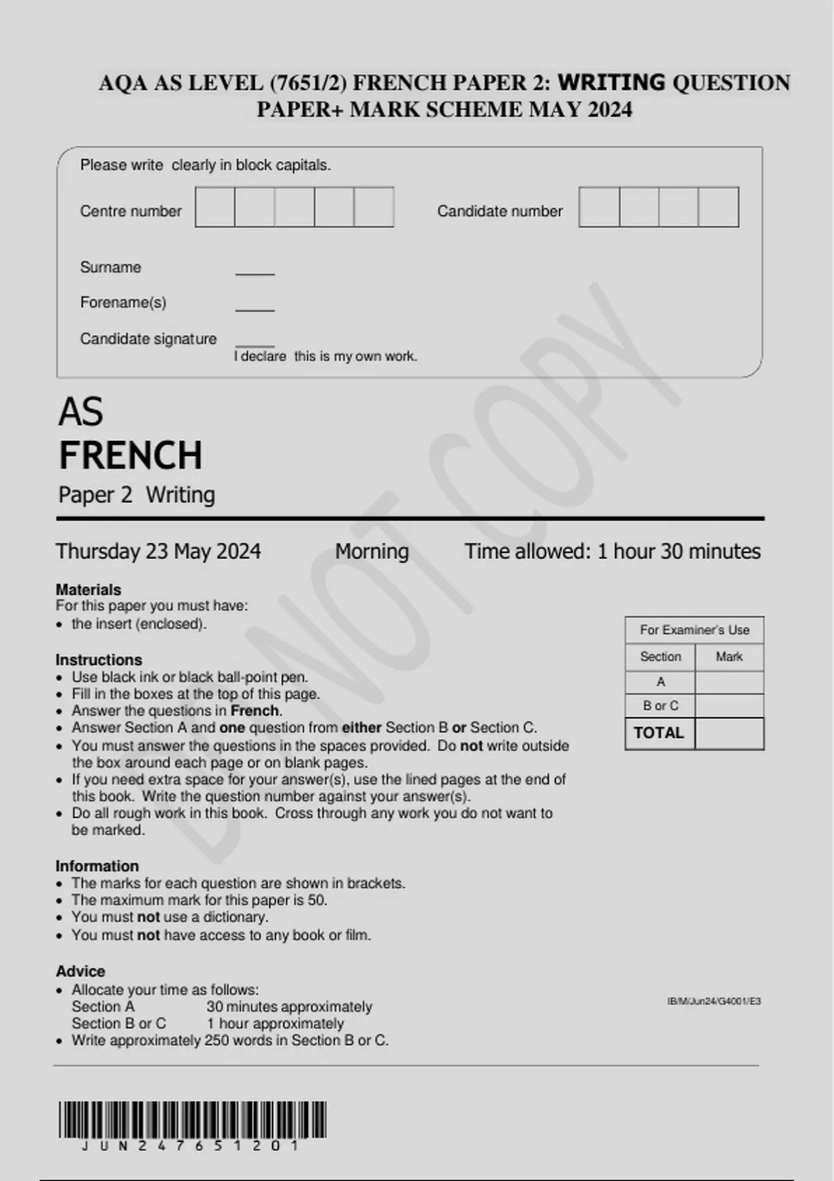 AQA AS LEVEL (7651/2) FRENCH PAPER 2: WRITING QUESTION PAPER+ MARK ...