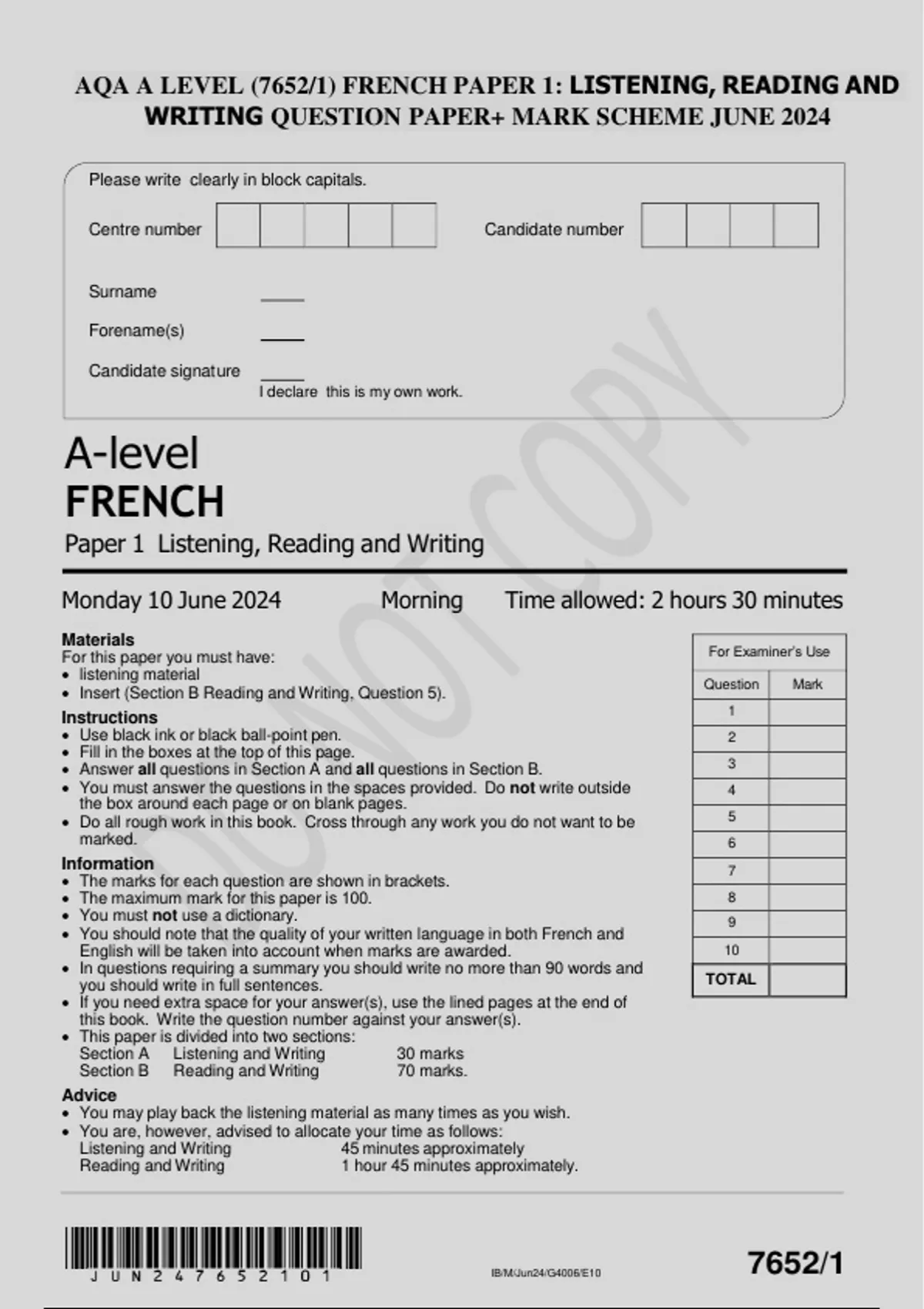 package-AQA A LEVEL (7652) FRENCH PAPER 1 ,paper 2 & paper 3 QUESTION ...