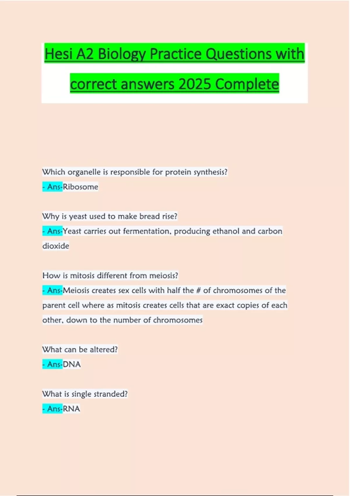 Hesi A2 Biology Practice Questions with correct answers 2025 Complete ...