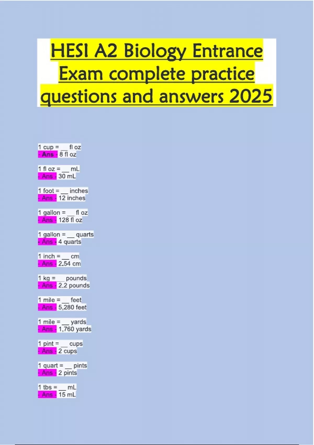 HESI A2 Biology Entrance Exam complete practice questions and answers ...