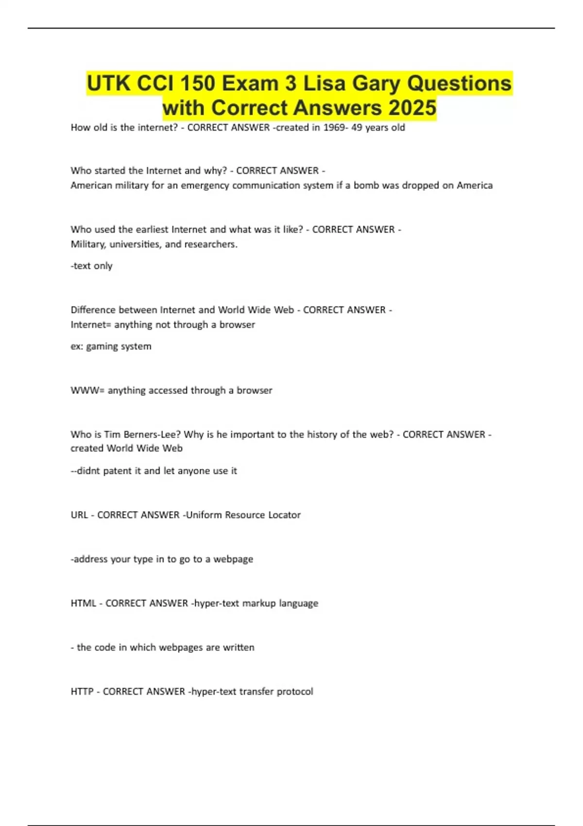 UTK CCI 150 Exam 3 Lisa Gary Questions with Correct Answers 2025 - UTK ...