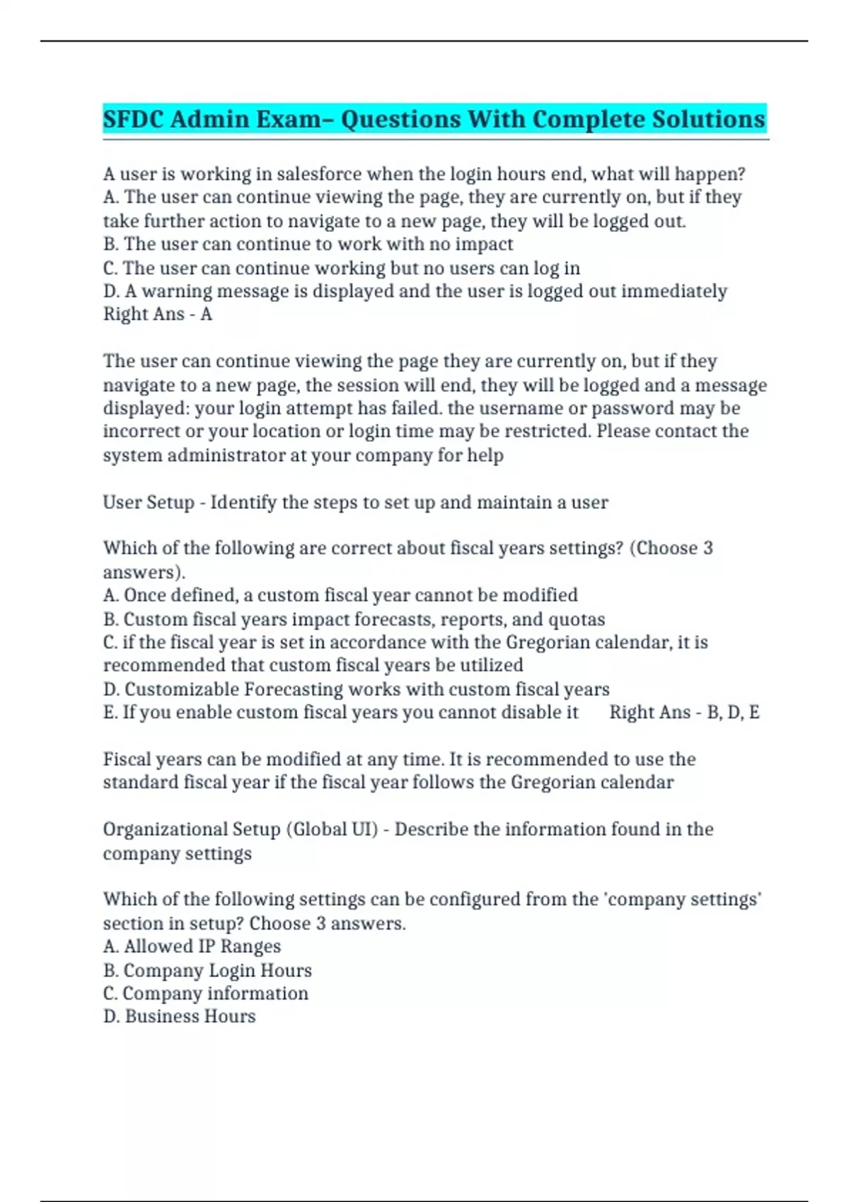 SFDC Admin Exam– Questions With Complete Solutions - SFDC - Stuvia US