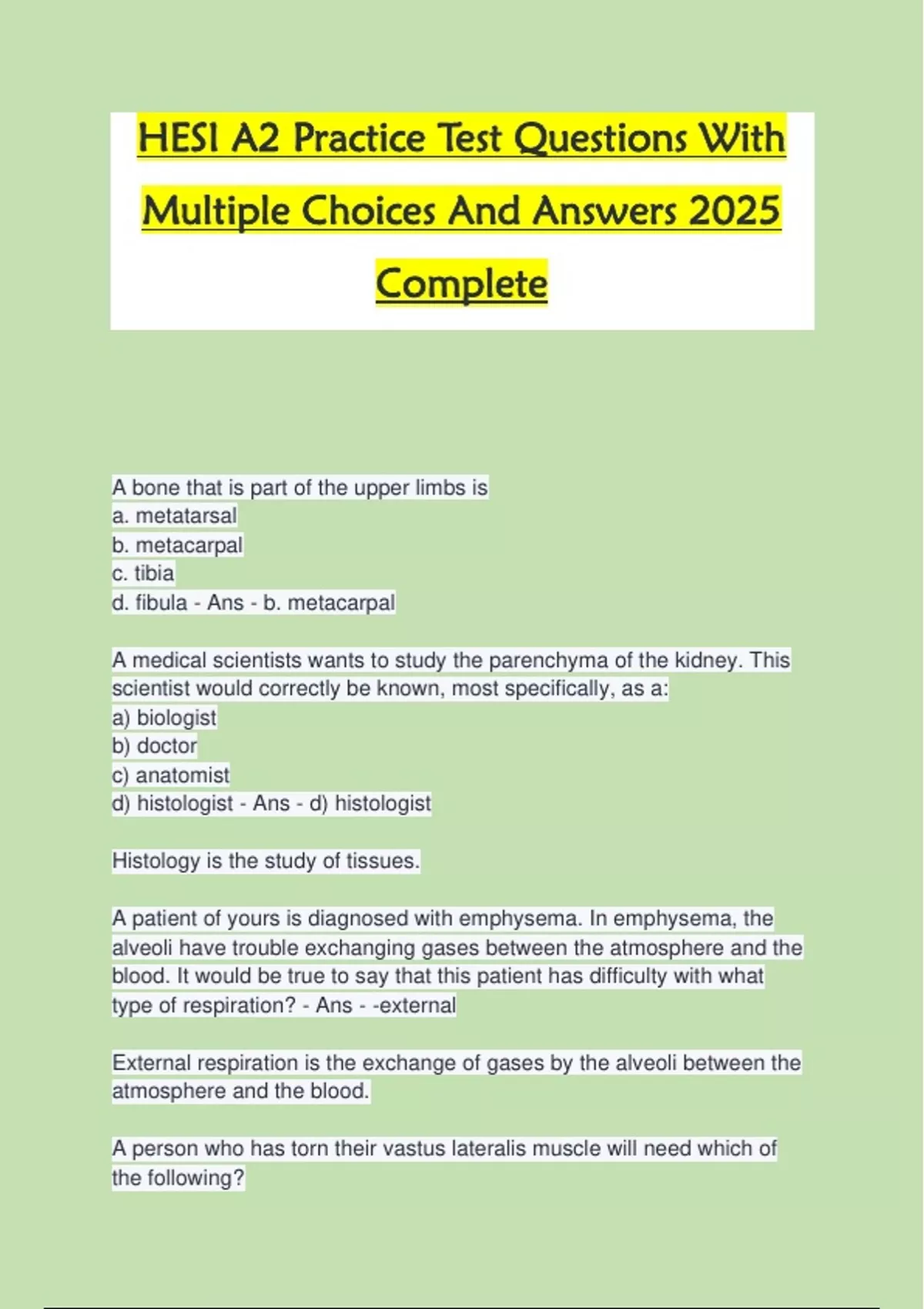 HESI A2 Biology Practice Test Questions With Multiple Choices And ...