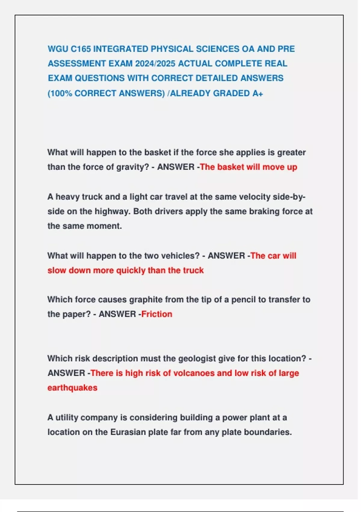 WGU C165 INTEGRATED PHYSICAL SCIENCES OA AND PRE ASSESSMENT EXAM 2024/2025 ACTUAL COMPLETE REAL ...