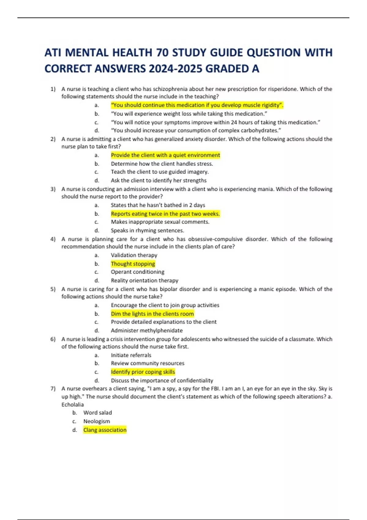 ATI MENTAL HEALTH 70 STUDY GUIDE QUESTION WITH CORRECT ANSWERS GRADED ...