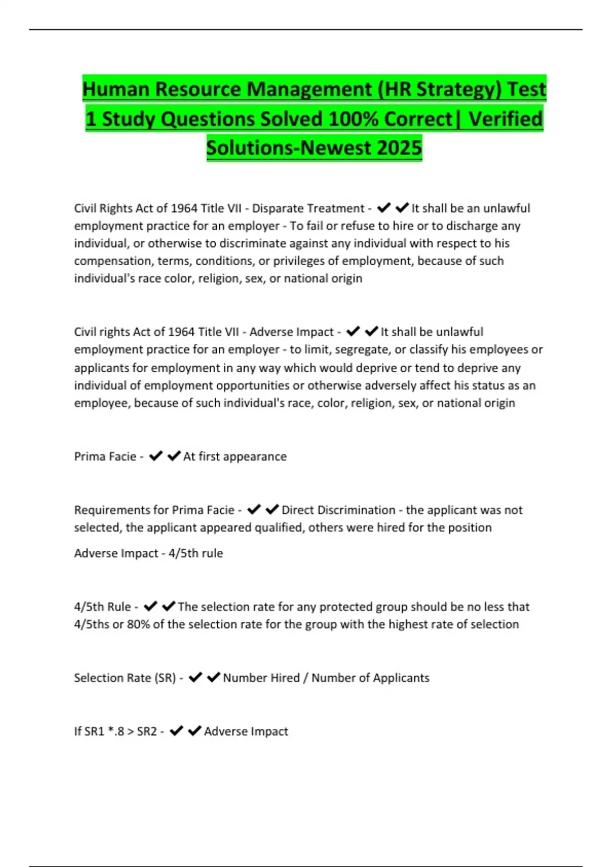 Human Resource Management (HR Strategy) Test 1 Study Questions Solved ...