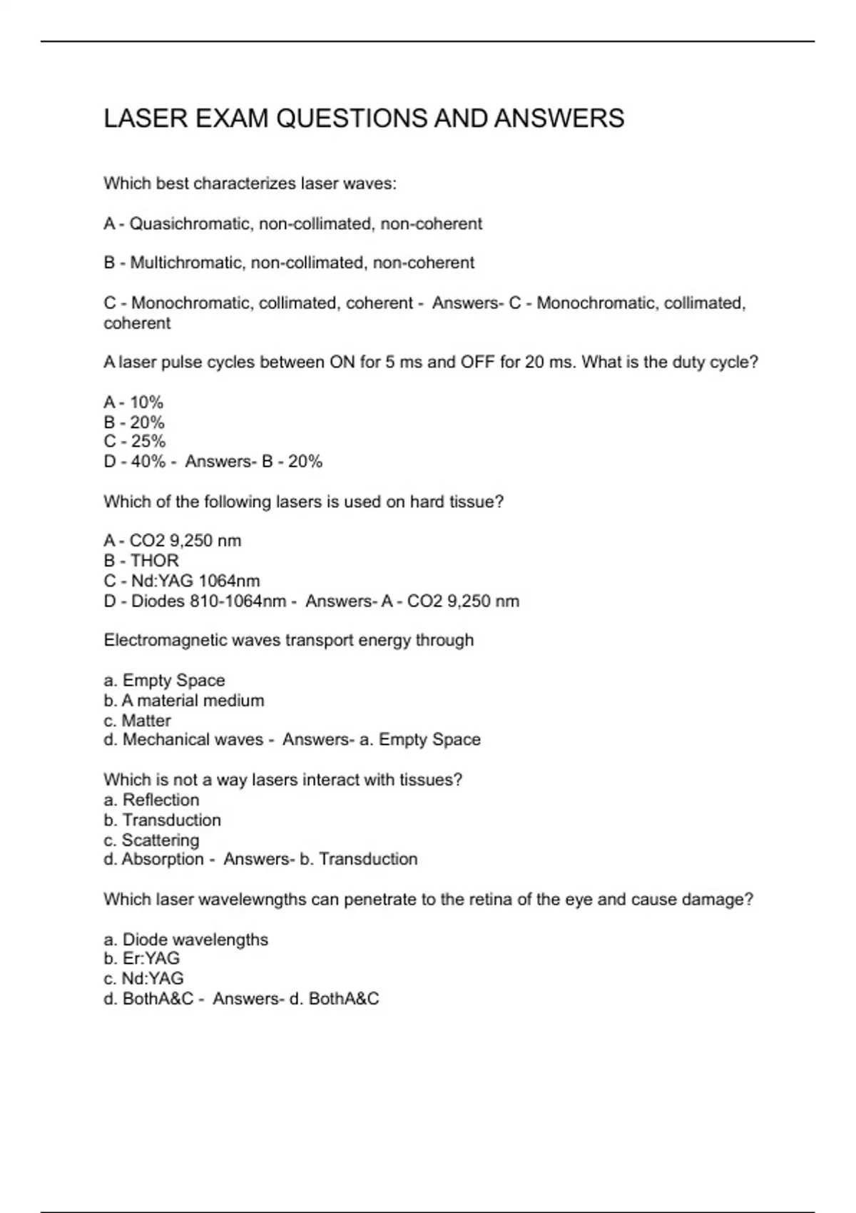 LASER EXAM QUESTIONS AND ANSWERS - LASER PHYSICS - Stuvia US