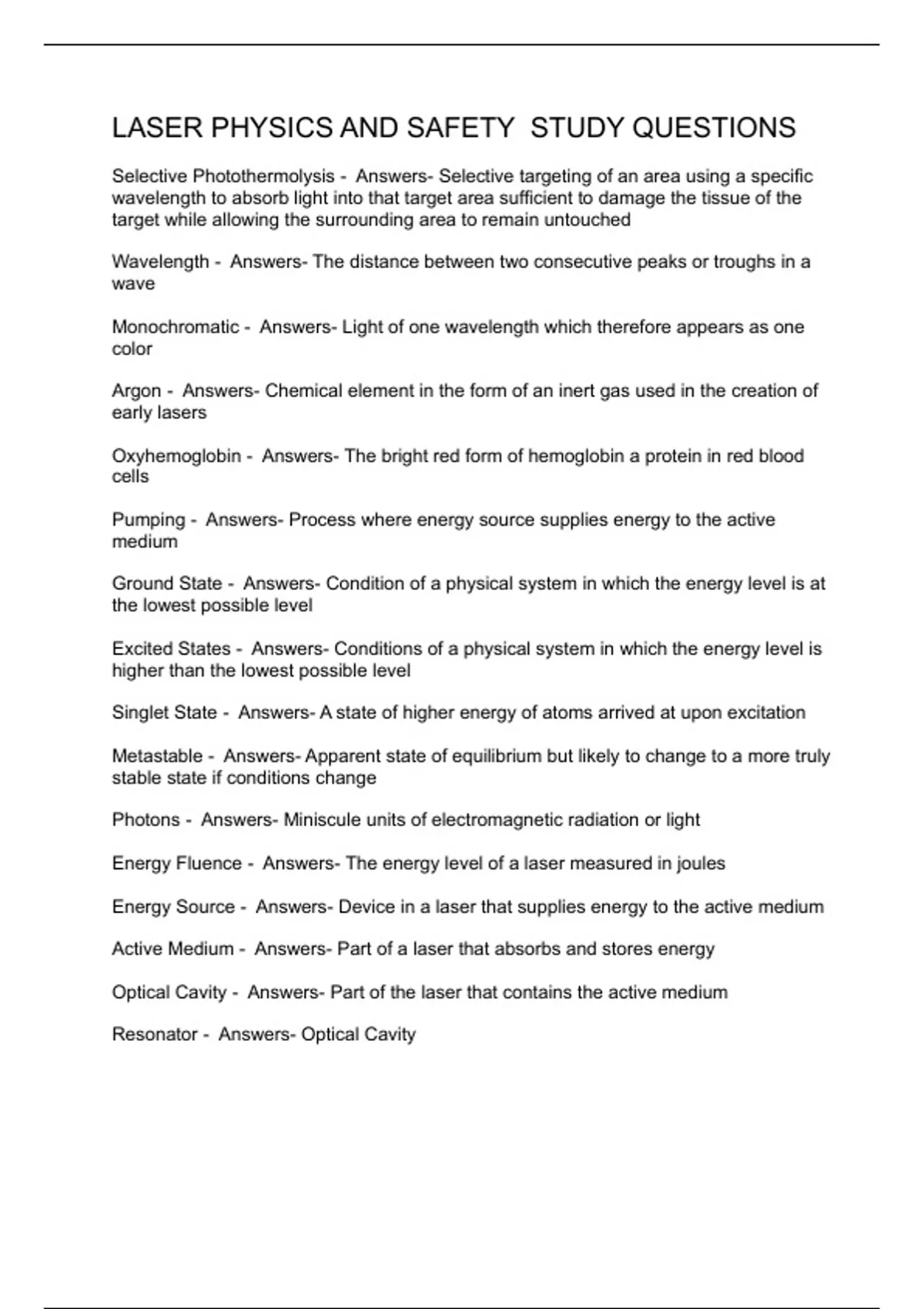 LASER PHYSICS AND SAFETY STUDY QUESTIONS - LASER PHYSICS - Stuvia US