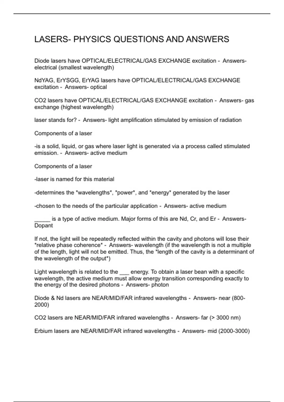 LASERS- PHYSICS QUESTIONS AND ANSWERS - LASER PHYSICS - Stuvia US