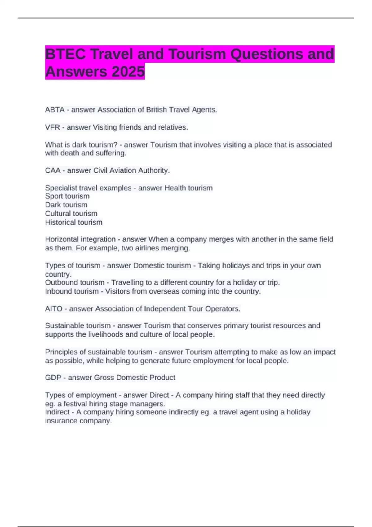 BTEC Travel and Tourism Questions and Answers 2025 - TAP Travel - Stuvia US