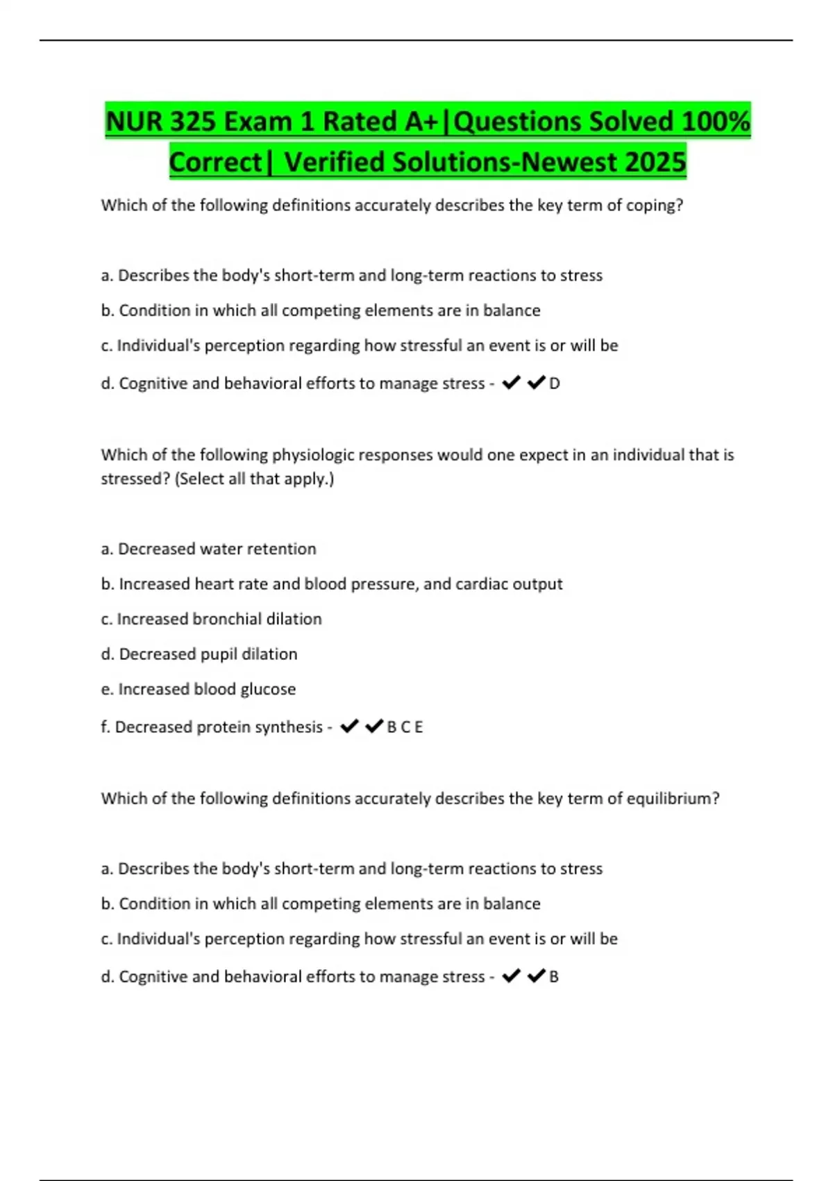 NUR 325 EXAMS BUNDLE |Questions Solved 100% Correct| Verified Solutions-Newest 2025 - Stuvia US