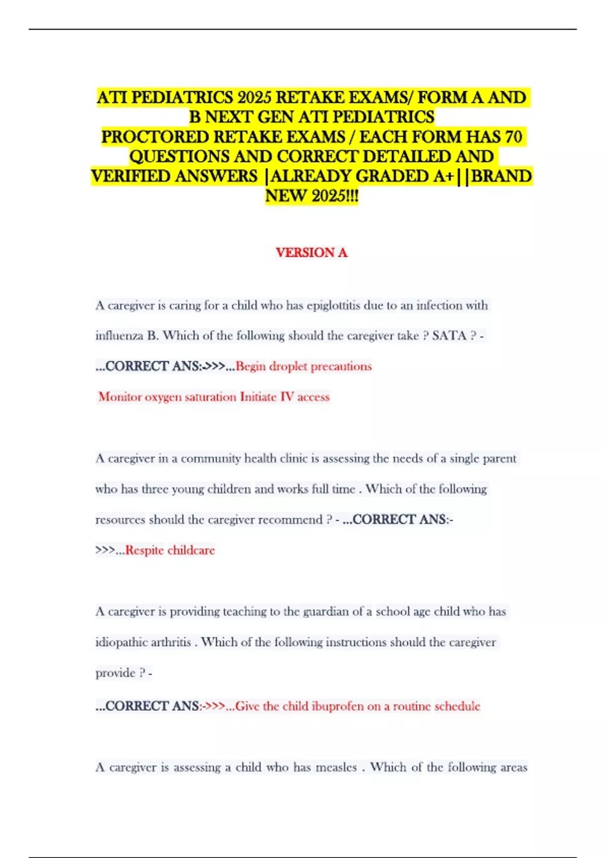 ATI PEDIATRICS 2025 RETAKE EXAMS/ FORM A AND B NEXT GEN ATI PEDIATRICS ...