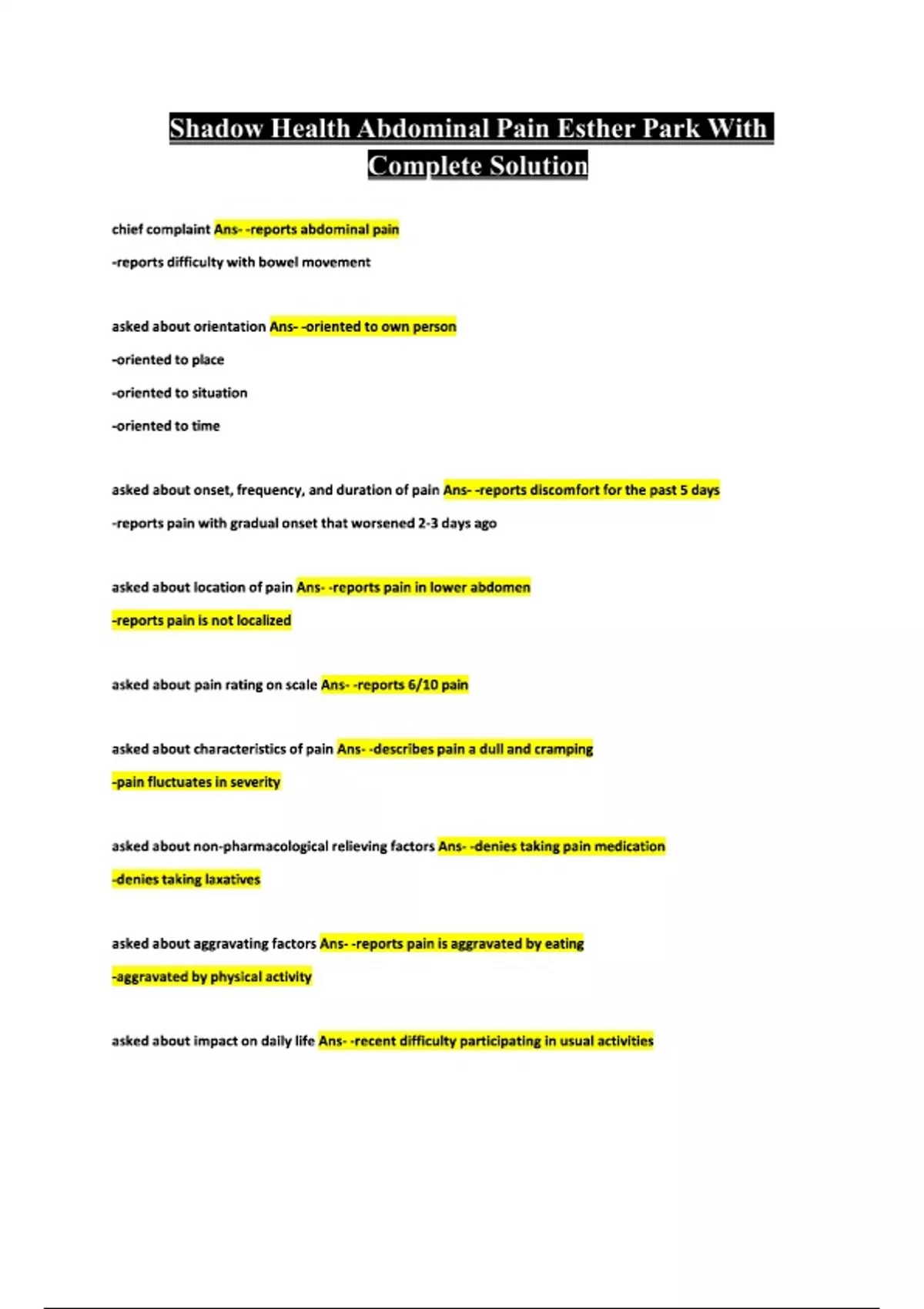 Shadow Health Abdominal Pain Esther Park With Complete Solution ...