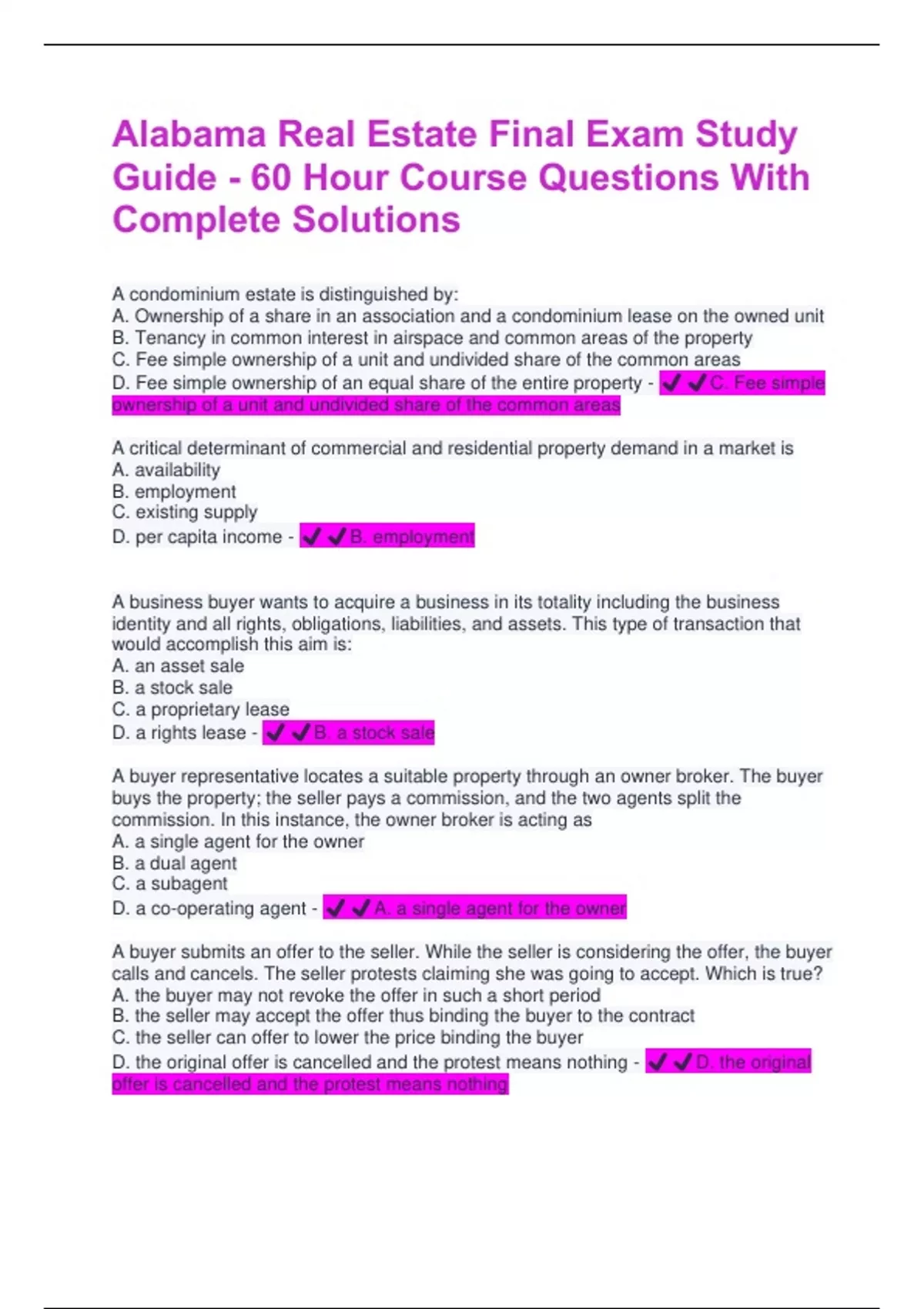 Alabama Real Estate Final Exam Study Guide - 60 Hour Course Questions ...