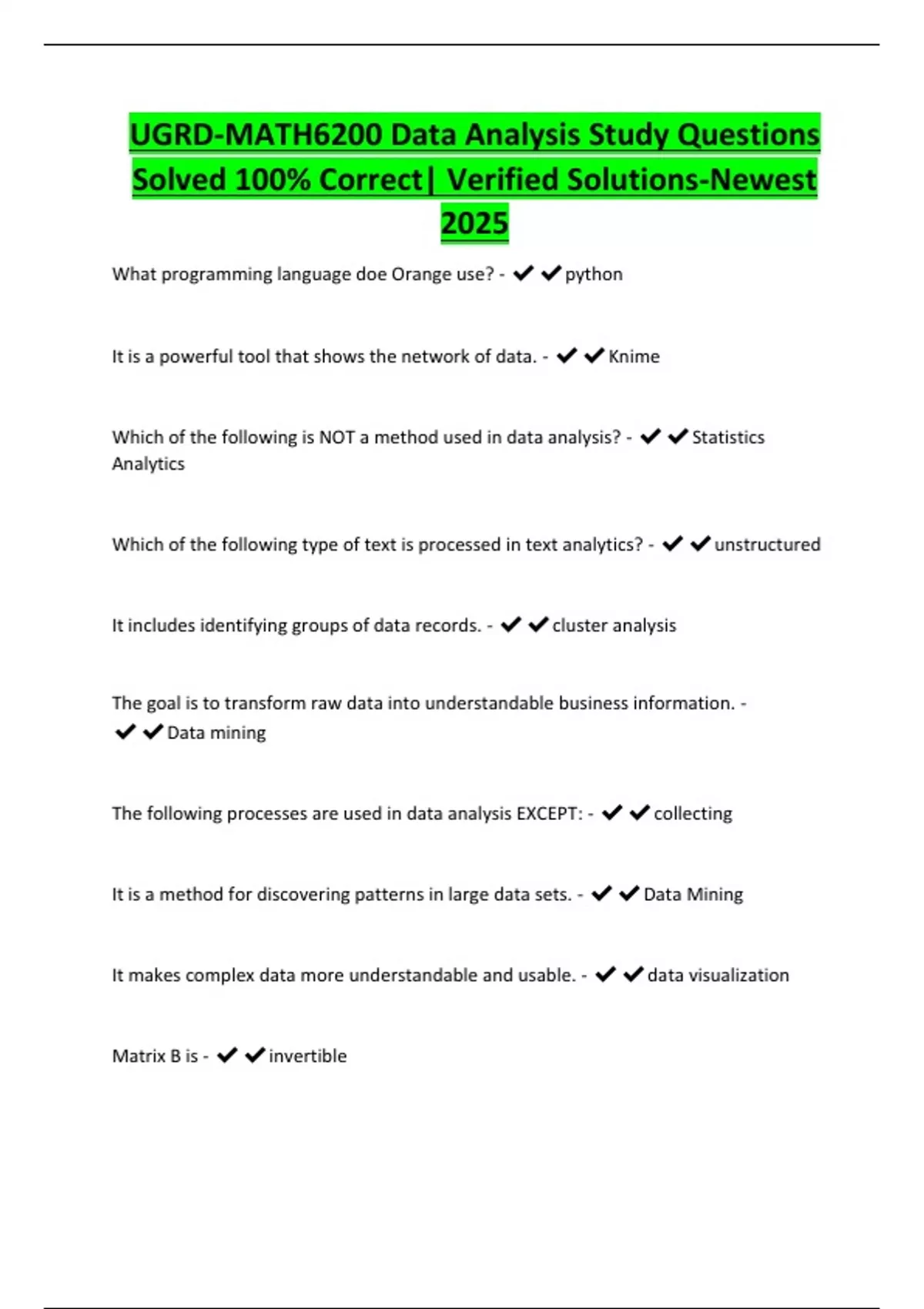 UGRD-MATH6200 Data Analysis Study Questions Solved 100% Correct| Verified Solutions-Newest 2025 ...