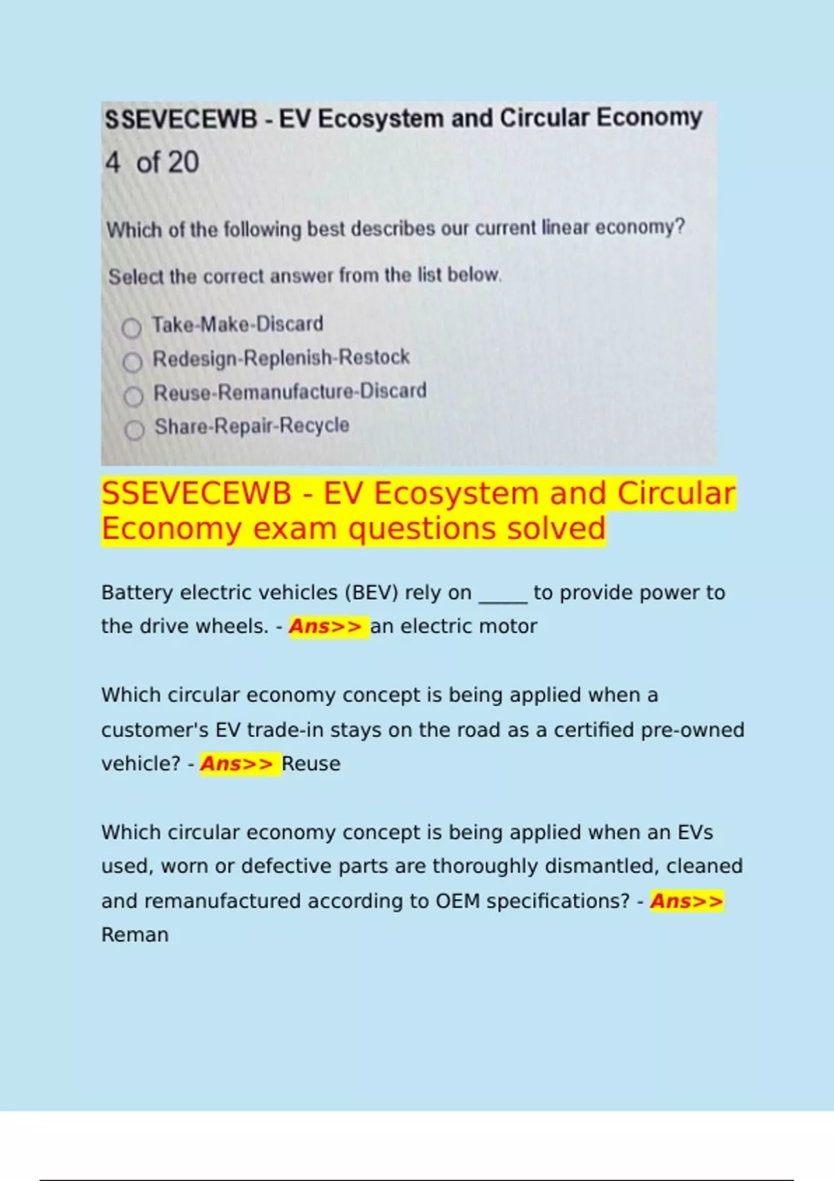 SSEVECEWB - EV Ecosystem and Circular Economy exam questions solved ...