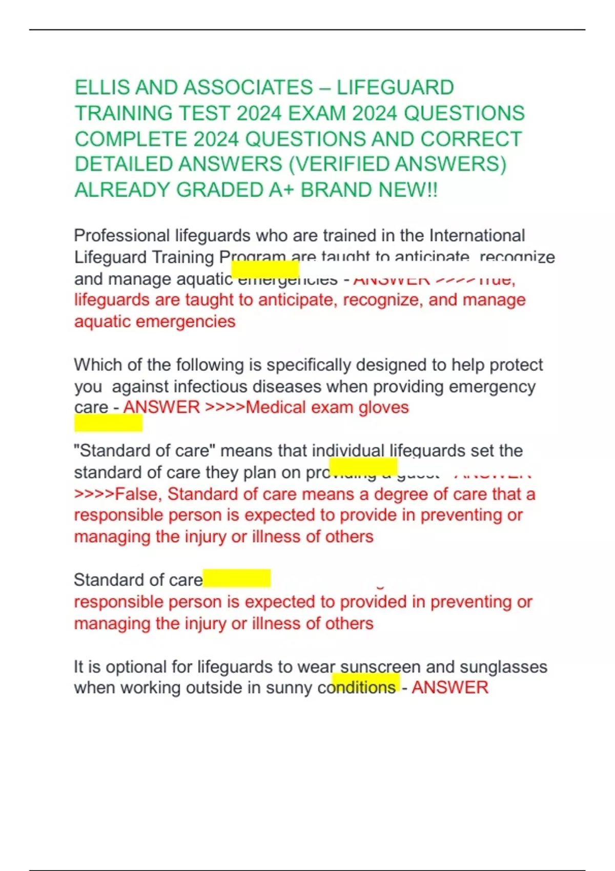 ELLIS AND ASSOCIATES – LIFEGUARD TRAINING TEST 2024 EXAM 2024 QUESTIONS ...