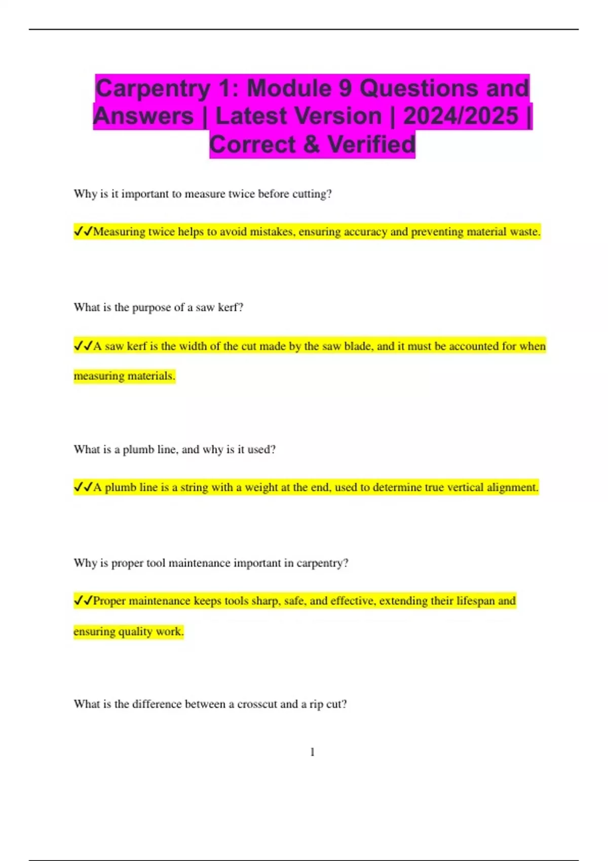 Carpentry 1: Module 9 Questions and Answers | Latest Version | 2024/ ...