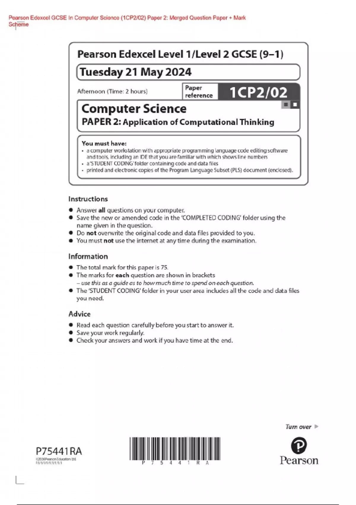 Pearson Edexcel GCSE In Computer Science (1CP2/02) Paper 2: Application of Computational ...