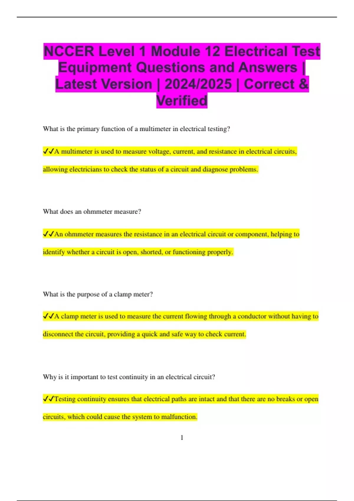 NCCER Level 1 Module 12 Electrical Test Equipment Questions and Answers ...
