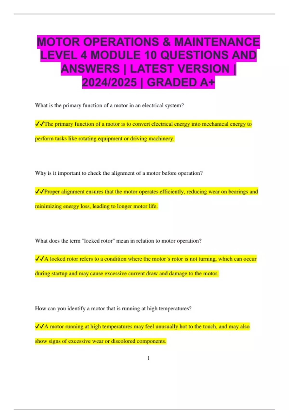MOTOR OPERATIONS & MAINTENANCE LEVEL 4 MODULE 10 QUESTIONS AND ANSWERS ...