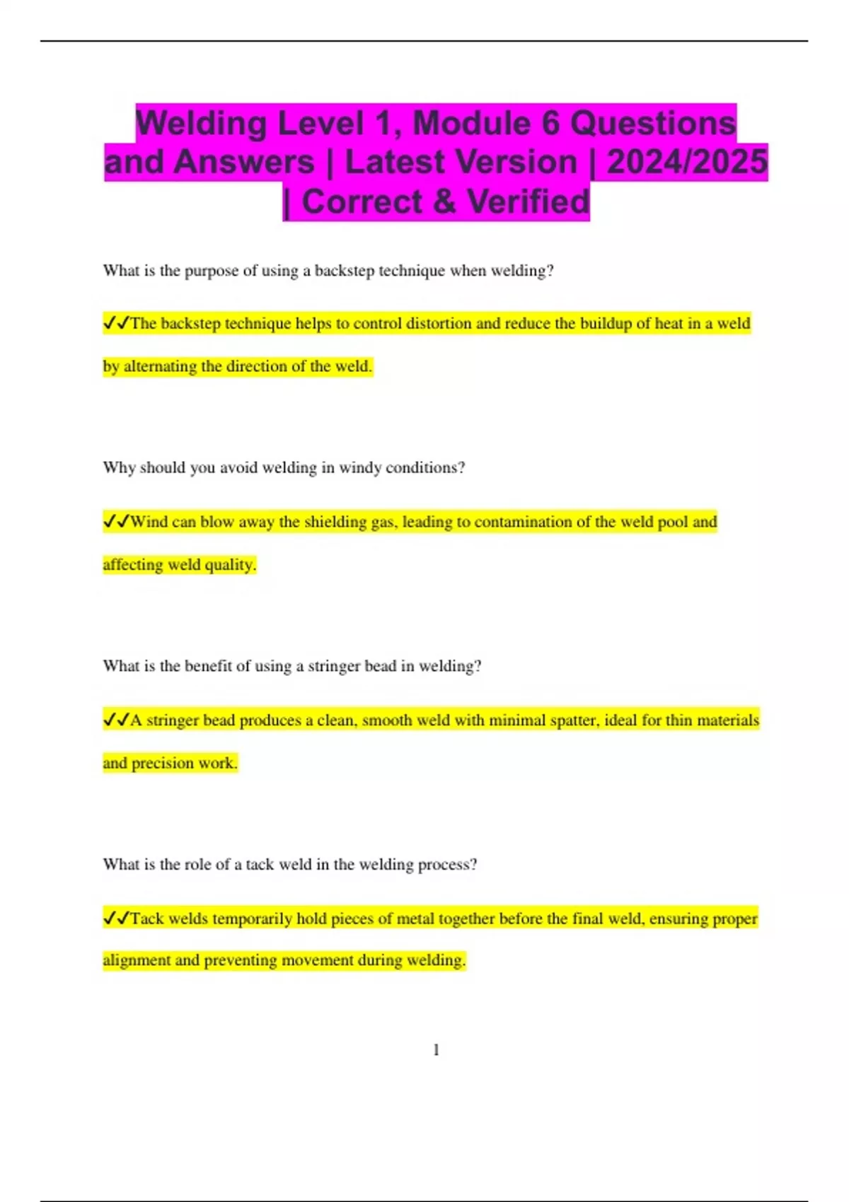 Welding Level 1, Module 6 Questions and Answers | Latest Version | 2024 ...