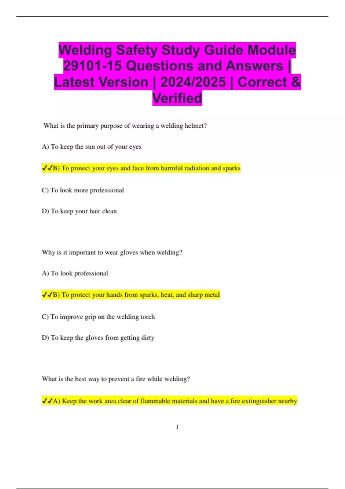 Welding Safety Study Guide Module 29101-15 Questions and Answers ...