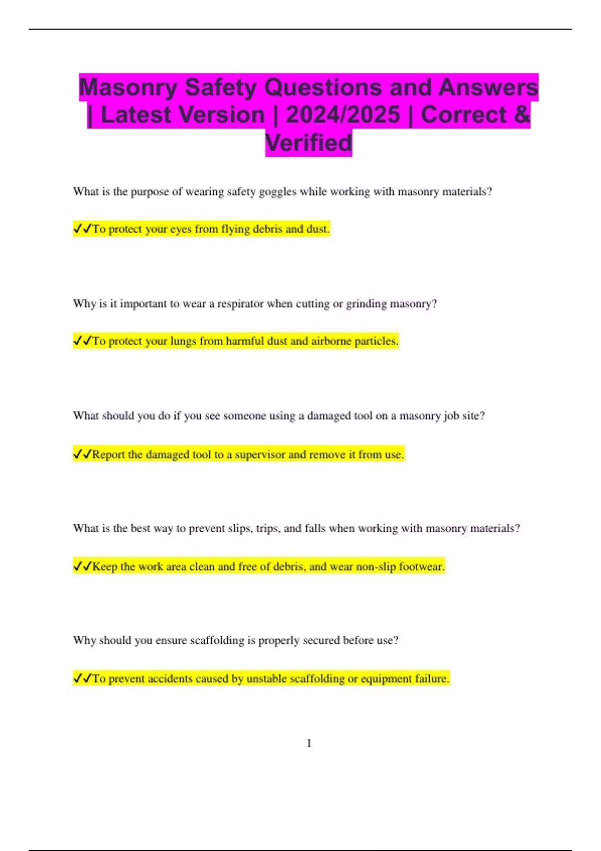 Masonry Safety Questions and Answers | Latest Version | 2024/2025 ...