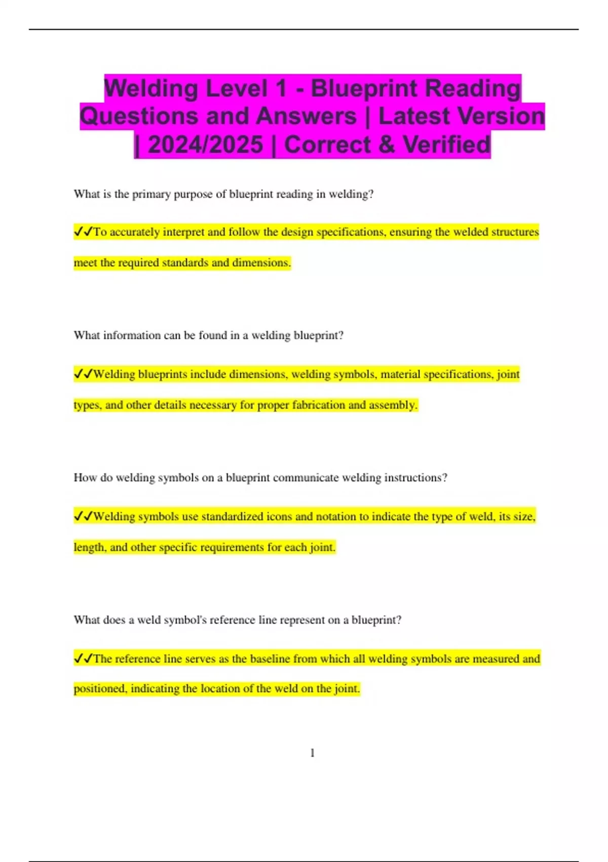Welding Level 1 - Blueprint Reading Questions and Answers | Latest ...