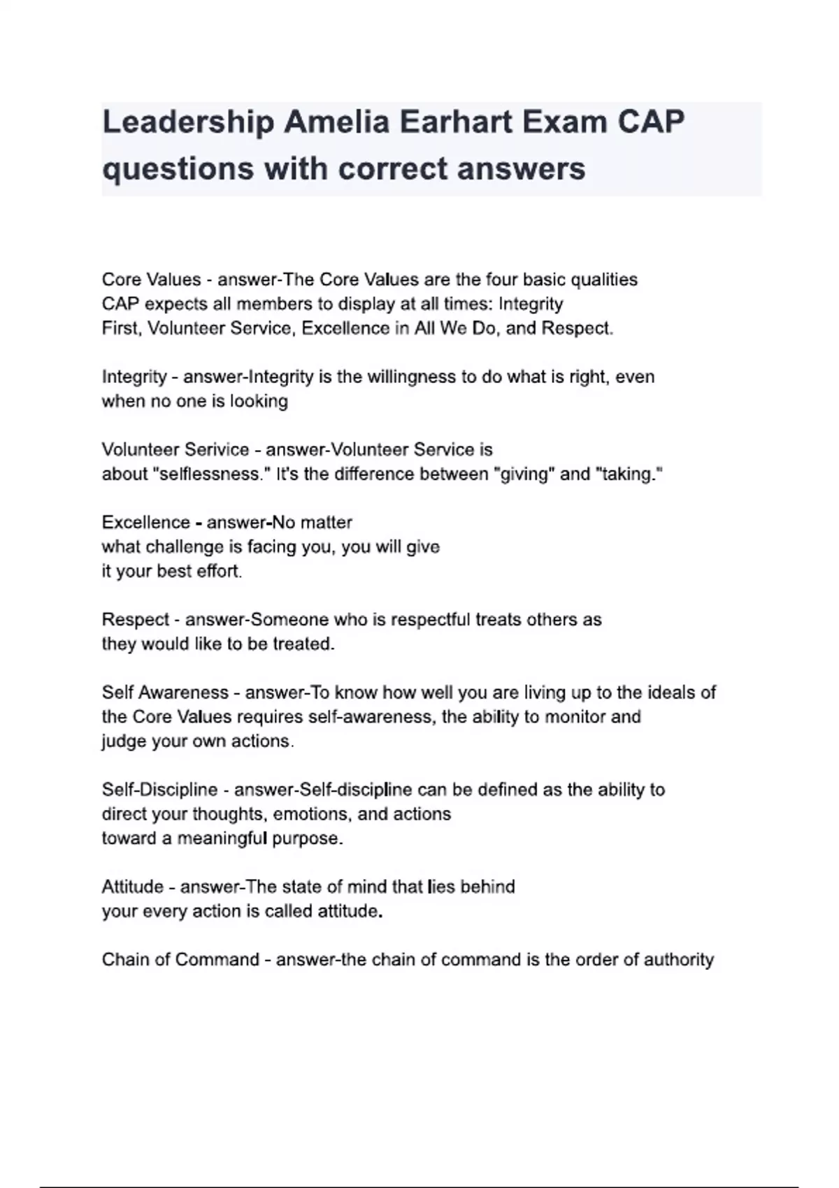 Leadership Amelia Earhart Exam CAP questions with correct answers ...