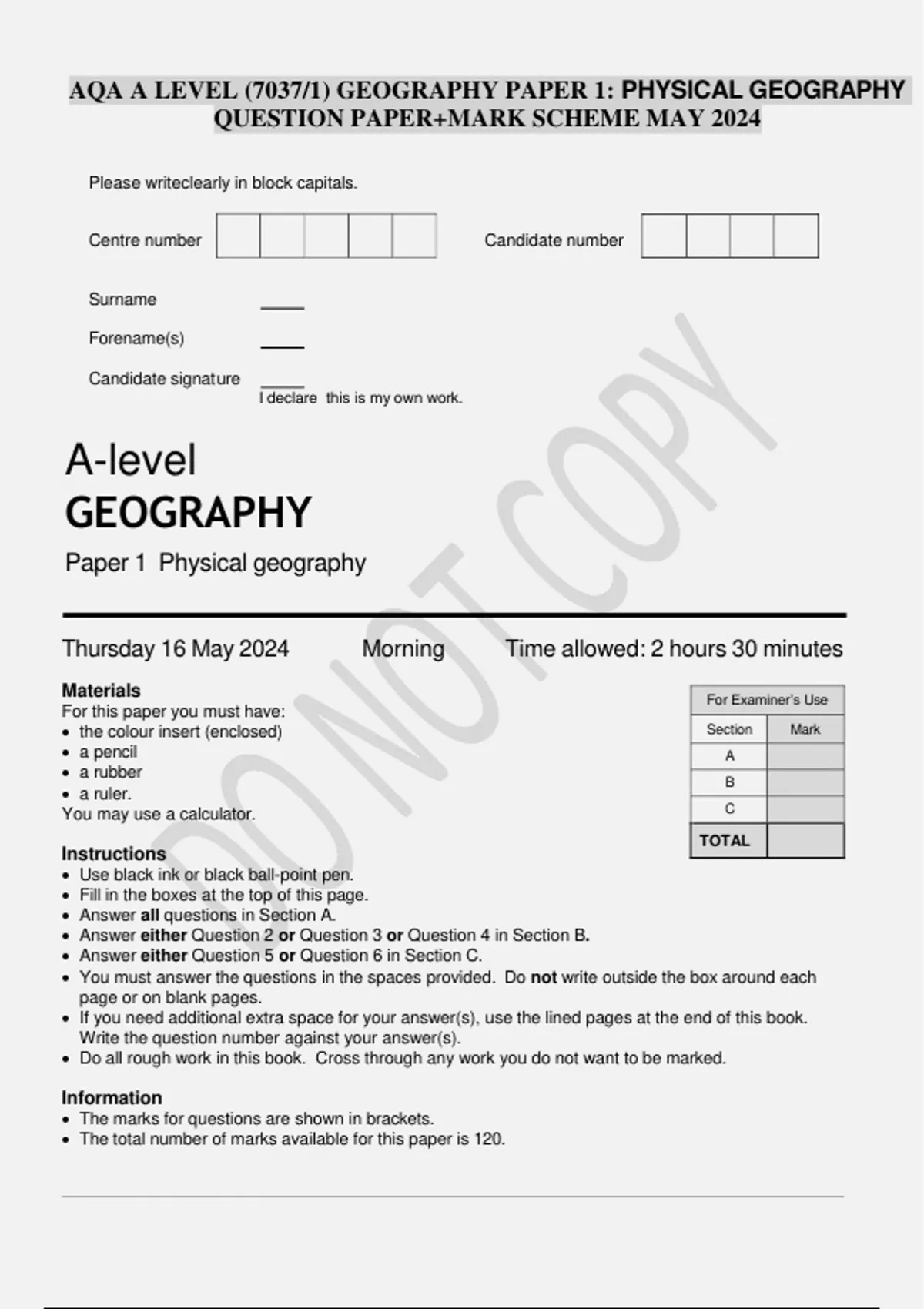 AQA A LEVEL (7037/1) GEOGRAPHY PAPER 1: PHYSICAL GEOGRAPHY QUESTION ...