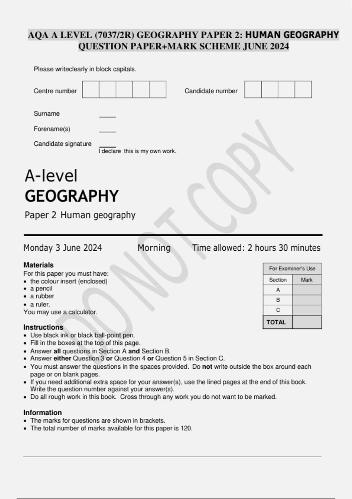 AQA A LEVEL (7037/2R) GEOGRAPHY PAPER 2: HUMAN GEOGRAPHY QUESTION PAPER ...