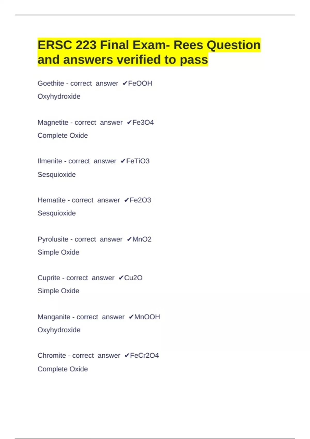 ERSC 223 Final Exam questions and answers already solved 2025 - ERSC ...