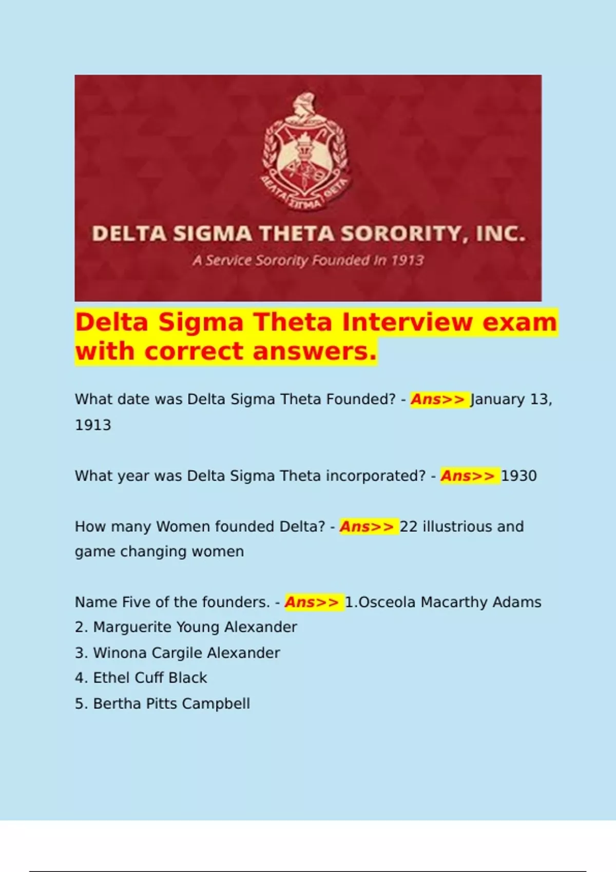 Delta Sigma Theta Interview exam with correct answers. What date was ...