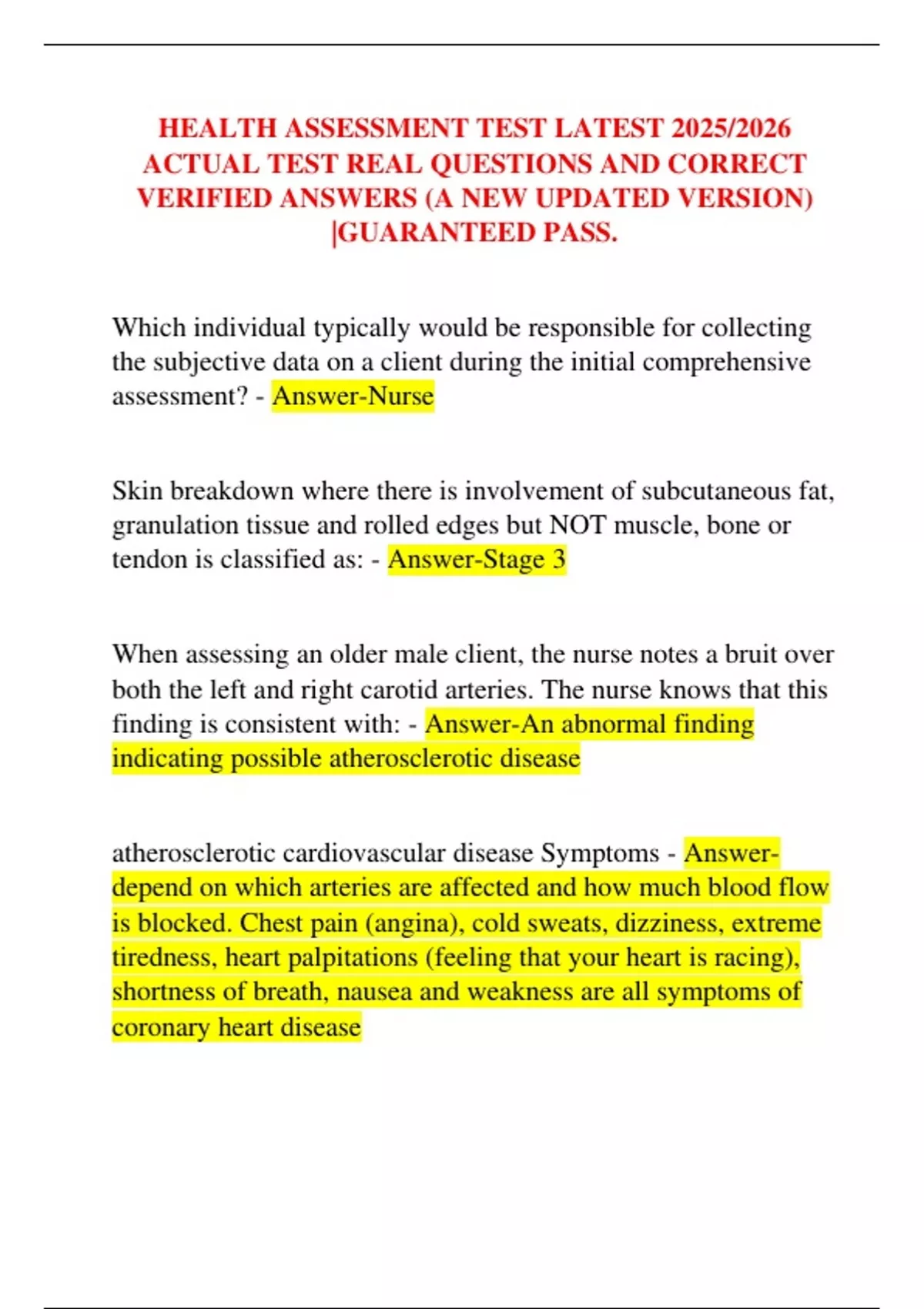HEALTH ASSESSMENT TEST LATEST 2025/2026 ACTUAL TEST REAL QUESTIONS AND ...