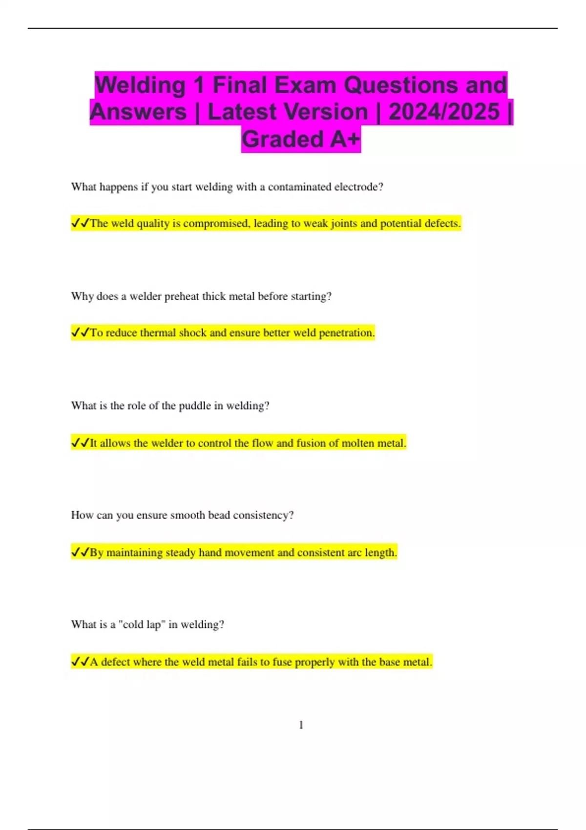 Welding 1 Final Exam Questions and Answers | Latest Version | 2024/2025 ...