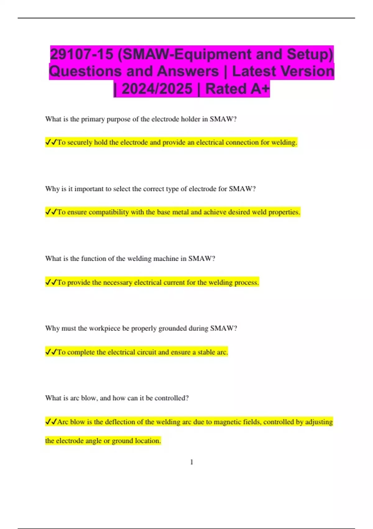 29107-15 (SMAW-Equipment and Setup) Questions and Answers | Latest ...