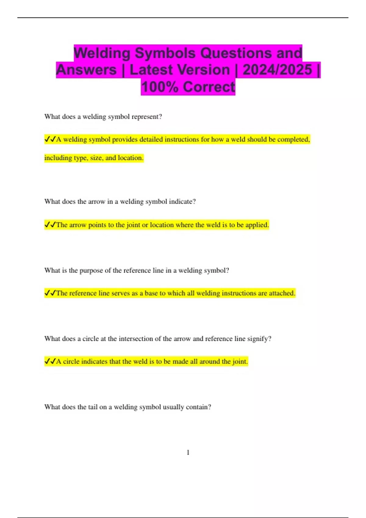 Welding Symbols Questions and Answers | Latest Version | 2024/2025 ...